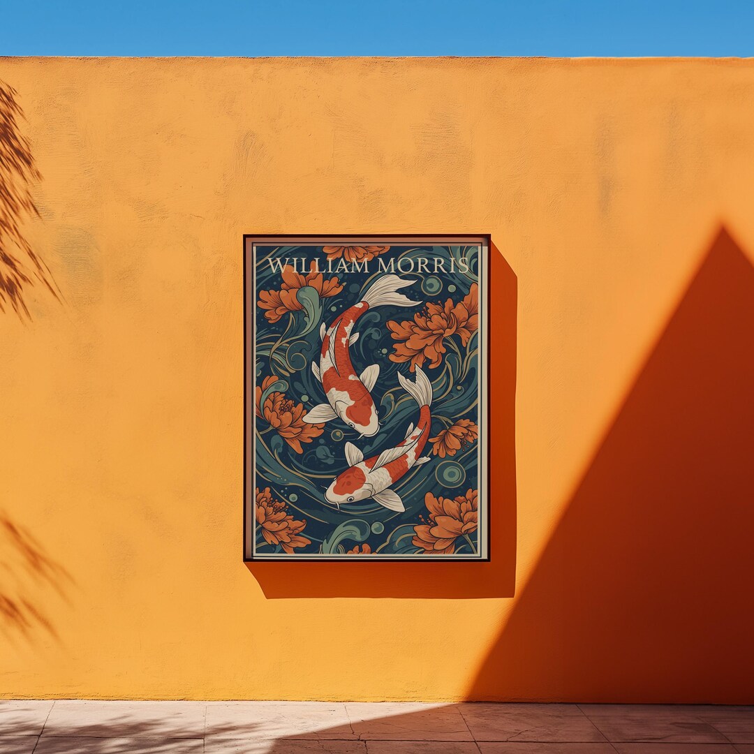 William Morris Koi Fish Poster, Japanese Water Art, Red White Fish ...