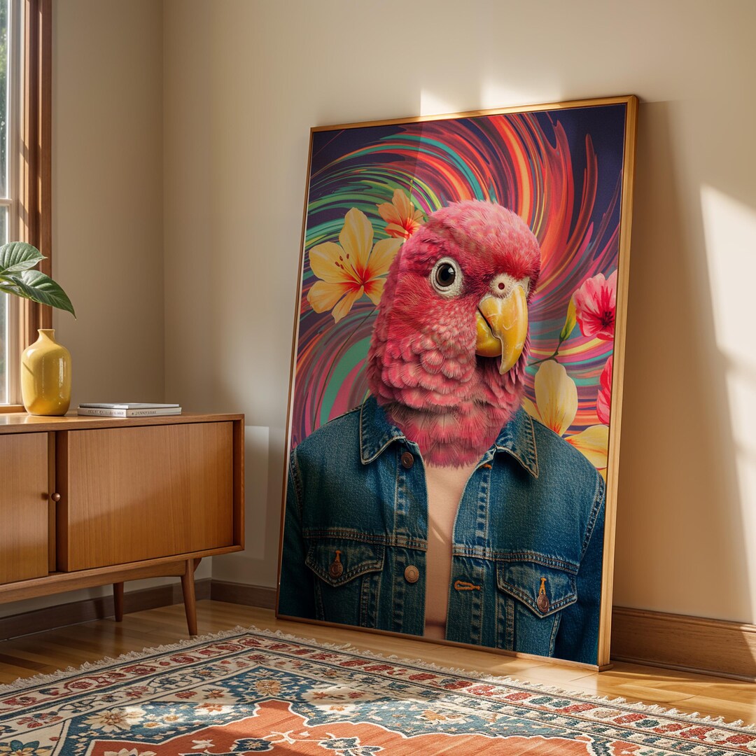 Cool Parrot Poster, Funny Bird Wall Art, Tropical Animal Print in Denim ...