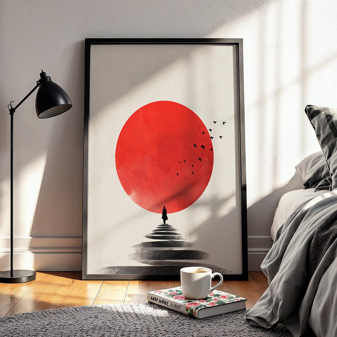 Japanese Red Sun Wall Art Print, Zen Pathway Minimalist Poster ...