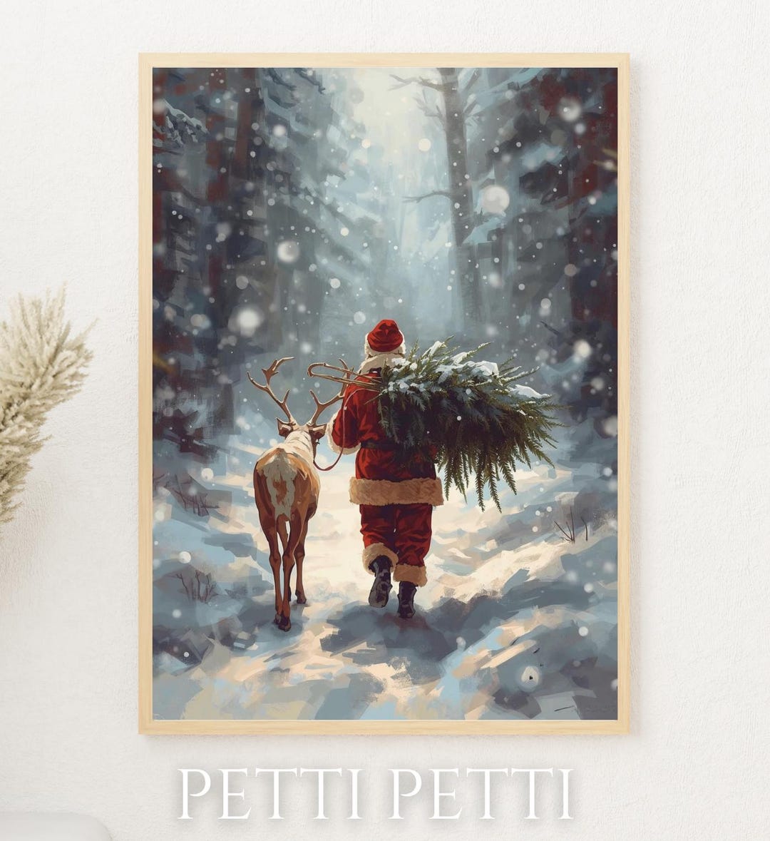 Vintage Santa & Reindeer Christmas Print: Snowy Forest Scene .printable ...