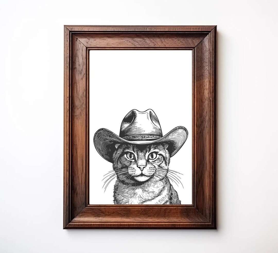Cowboy Cat Wall Art Print, Funny Western Cat Poster, Black and White ...