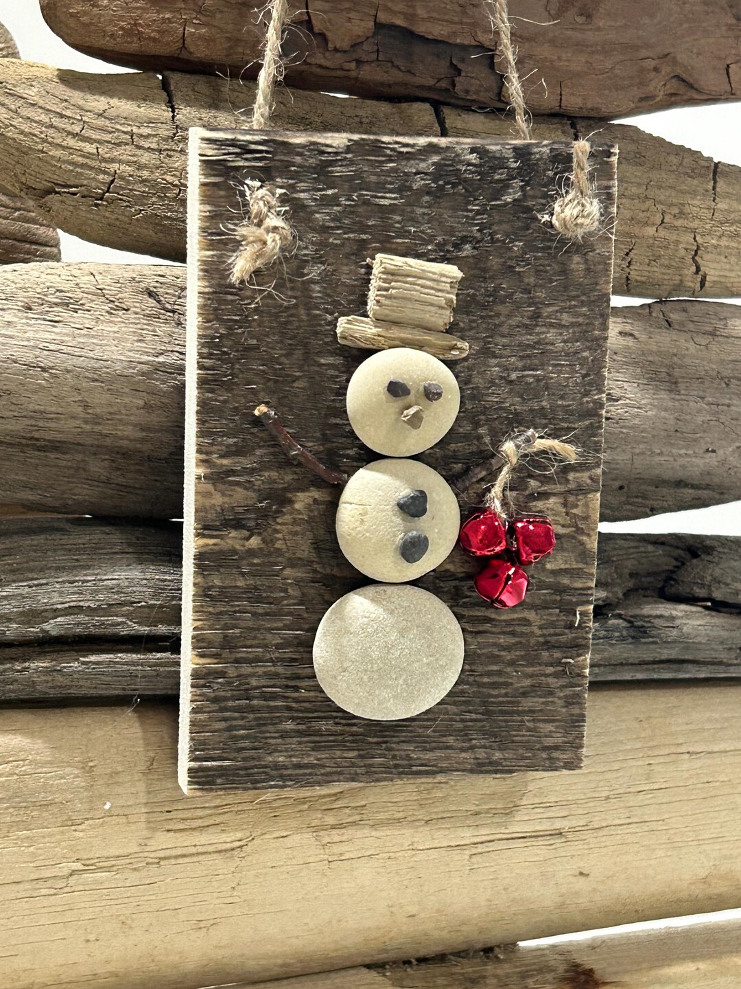 Snowman With Red Bells and Driftwood Hat Ornament // Christmas Ornament ...
