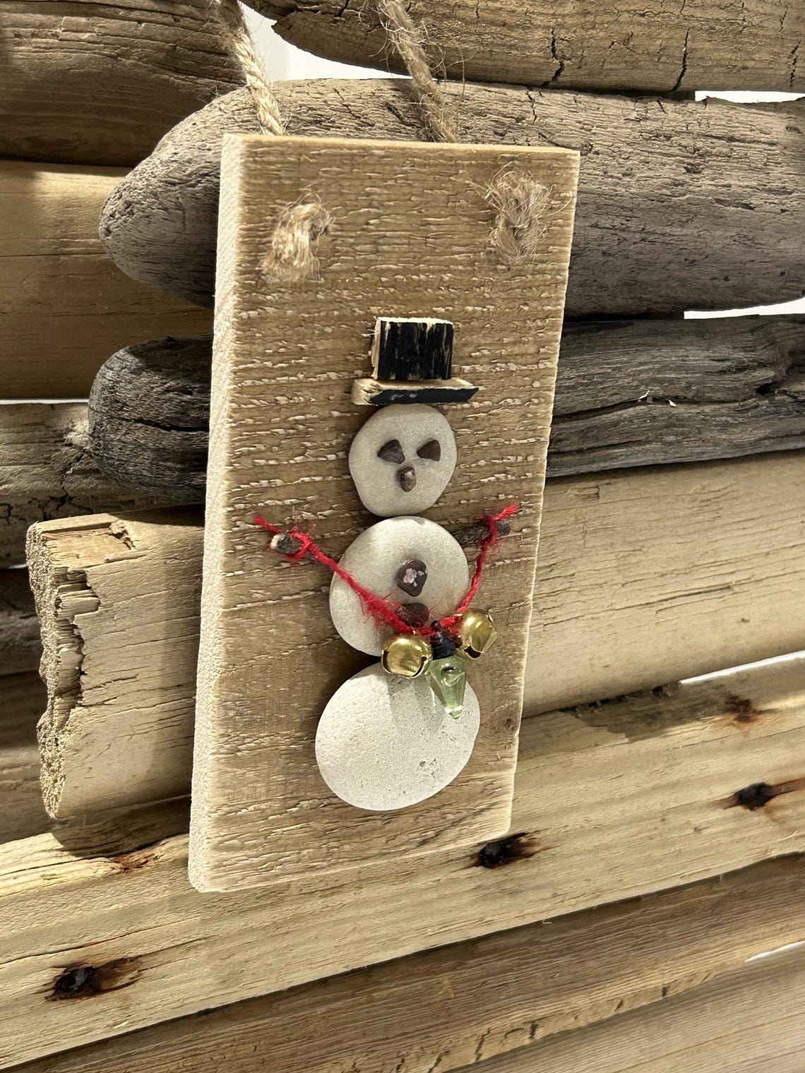 Snowman With Bells and Black Driftwood Hat Ornament // Christmas ...