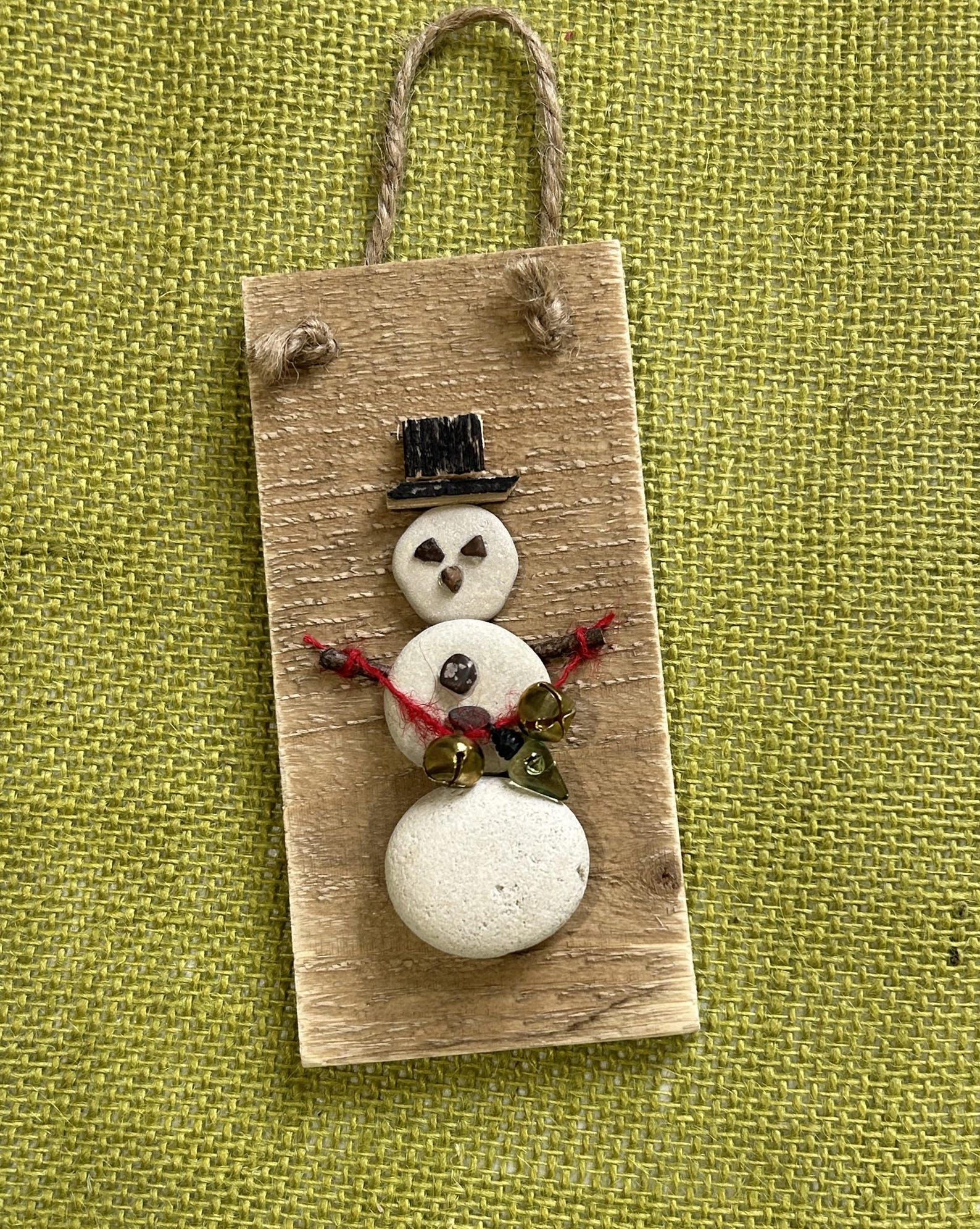 Snowman With Bells and Black Driftwood Hat Ornament // Christmas ...