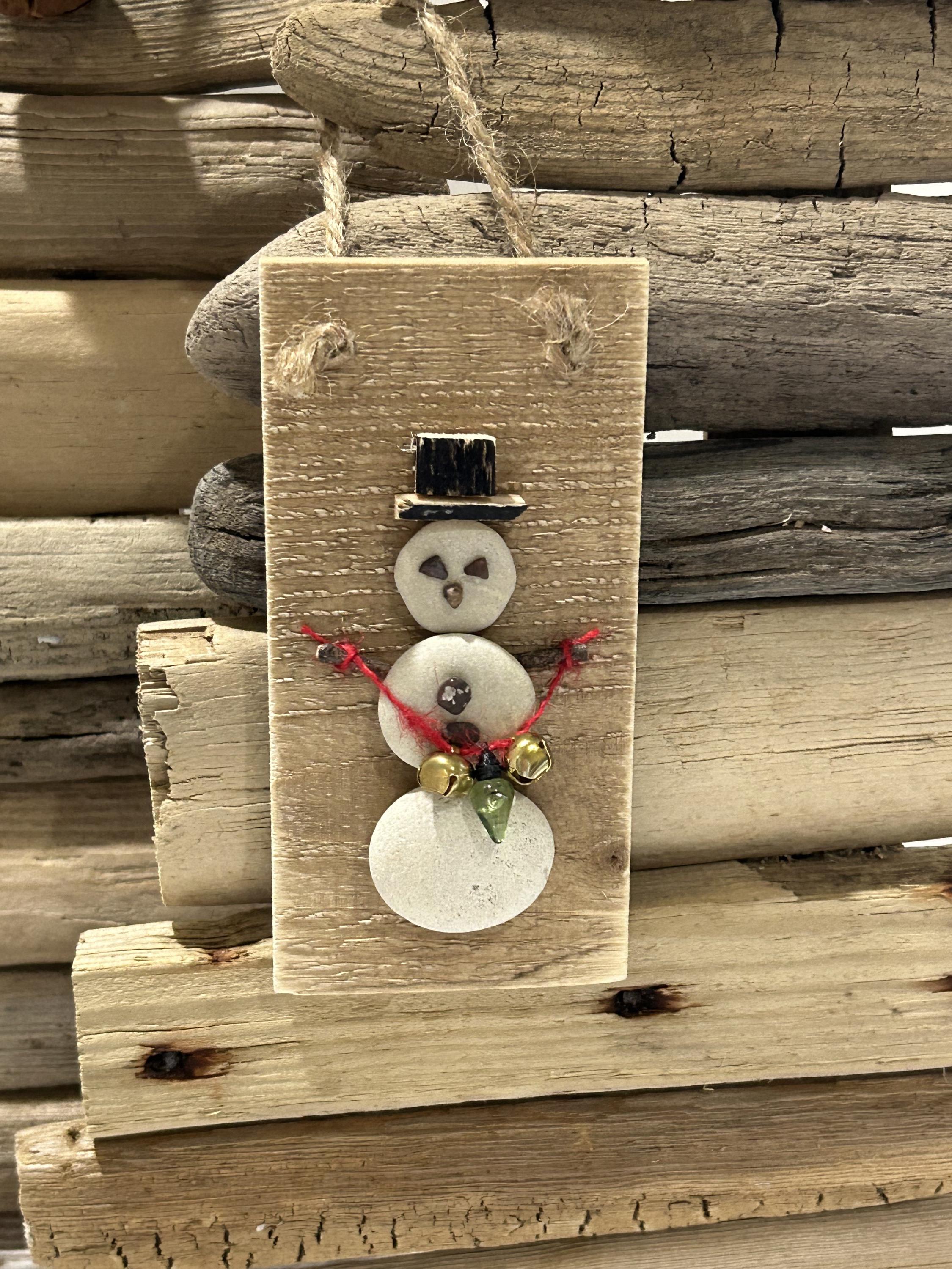 Snowman With Bells and Black Driftwood Hat Ornament // Christmas ...