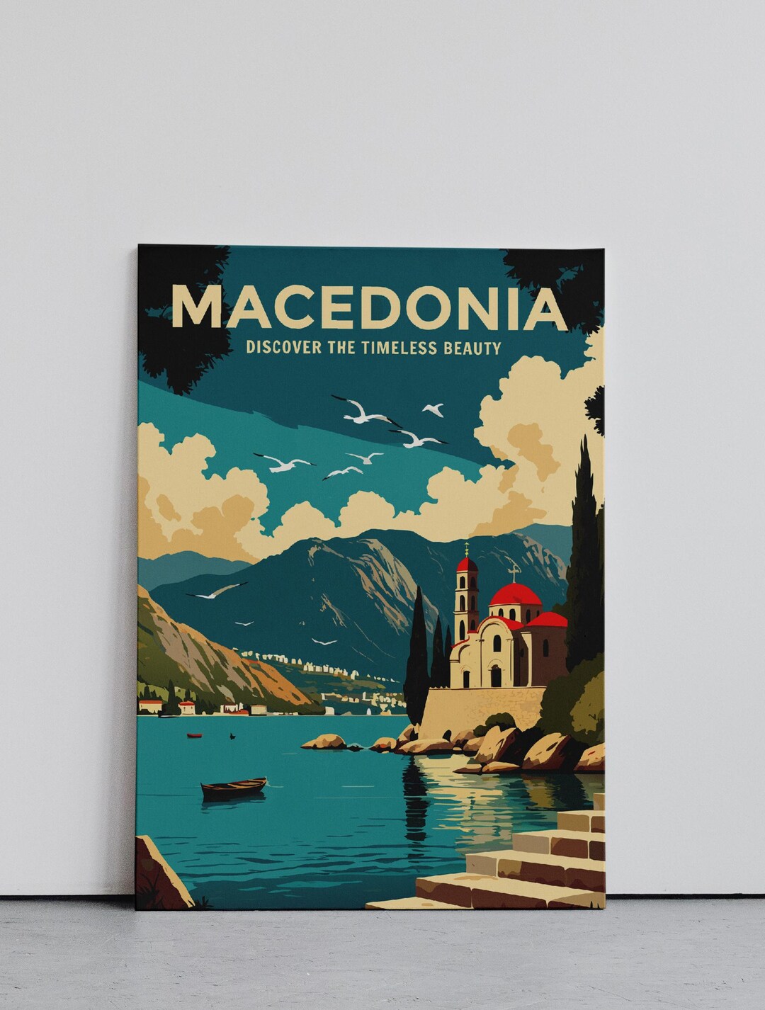 Macedonia Travel Poster – Vintage Lakeside Wall Art, Balkan Landscape ...