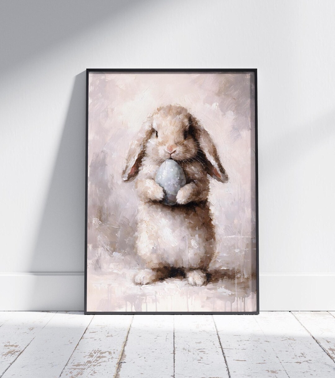 Easter Bunny Painting, Realistic Rabbit Holding Egg Wall Art, Spring ...