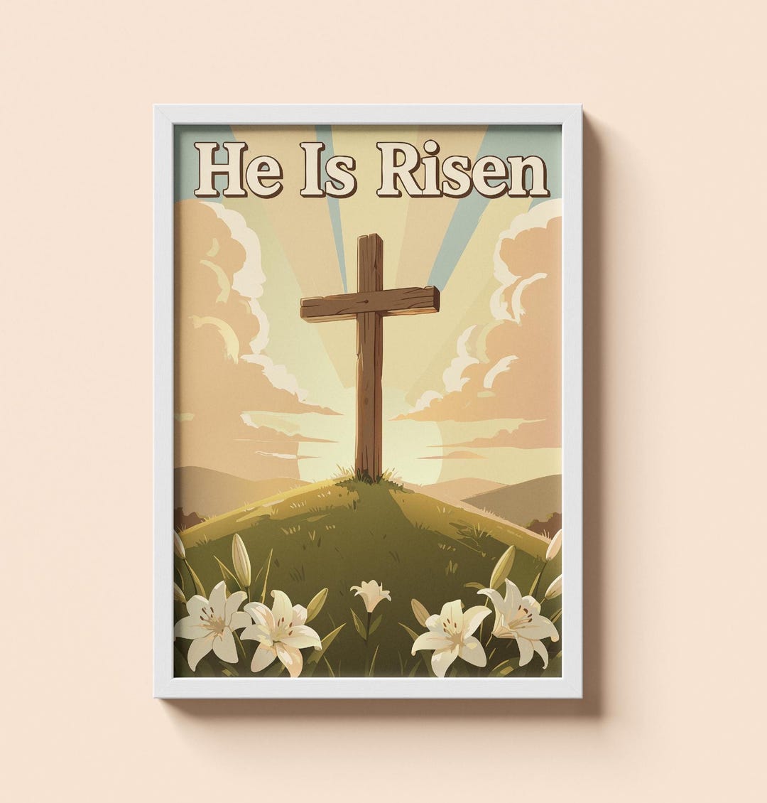 He is Risen Easter Poster, Christian Cross & Lilies Wall Art ...
