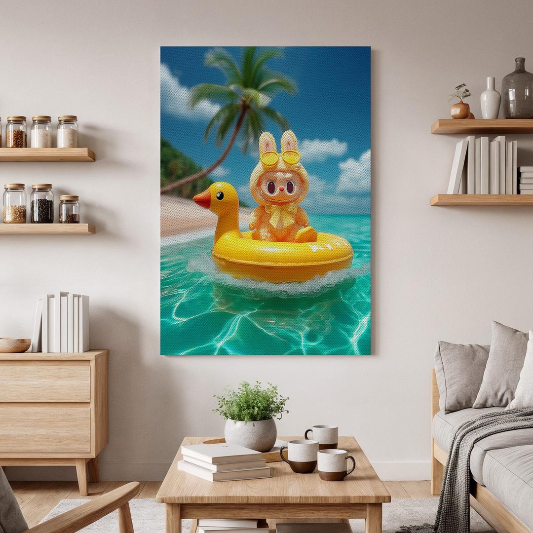 Cute Bunny Float Wall Art, Summer Beach Canvas, Playful Cartoon Print ...