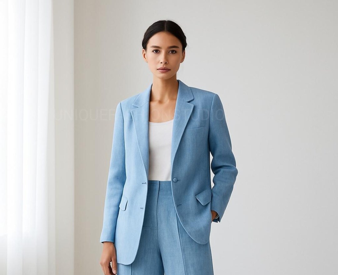 Light Blue Pure Linen Suit: 2 Piece Coat Pant Set Wedding Party Wear ...