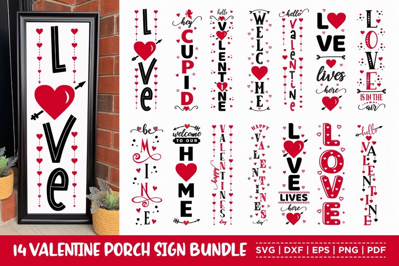 Valentine Porch Sign SVG Bundle: Vertical Valentine's Day Welcome Signs ...