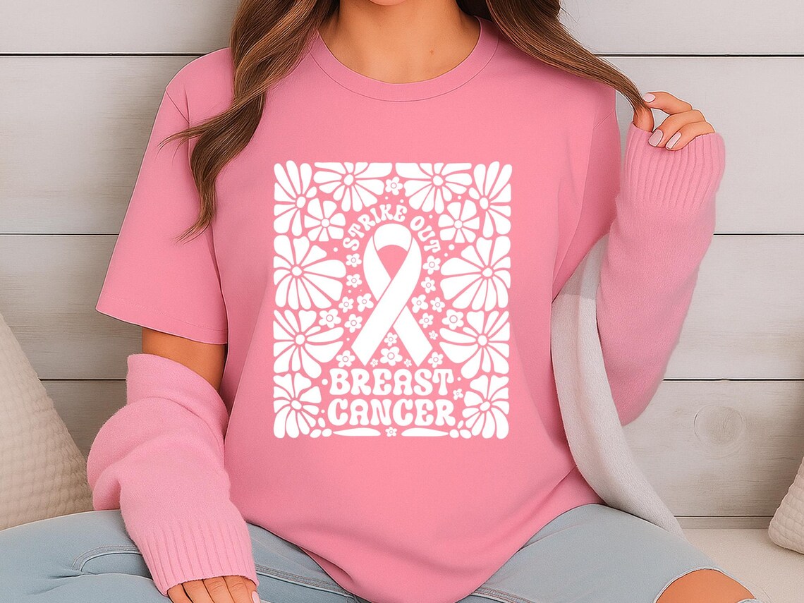 Strike Out Breast Cancer SVG: Boho Abstract Flower, Pink Ribbon Shirt ...