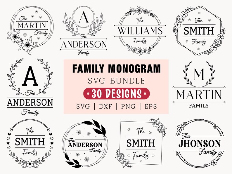 Family Name Monogram SVG Bundle: Floral Frame, Last Name Sign Designs ...