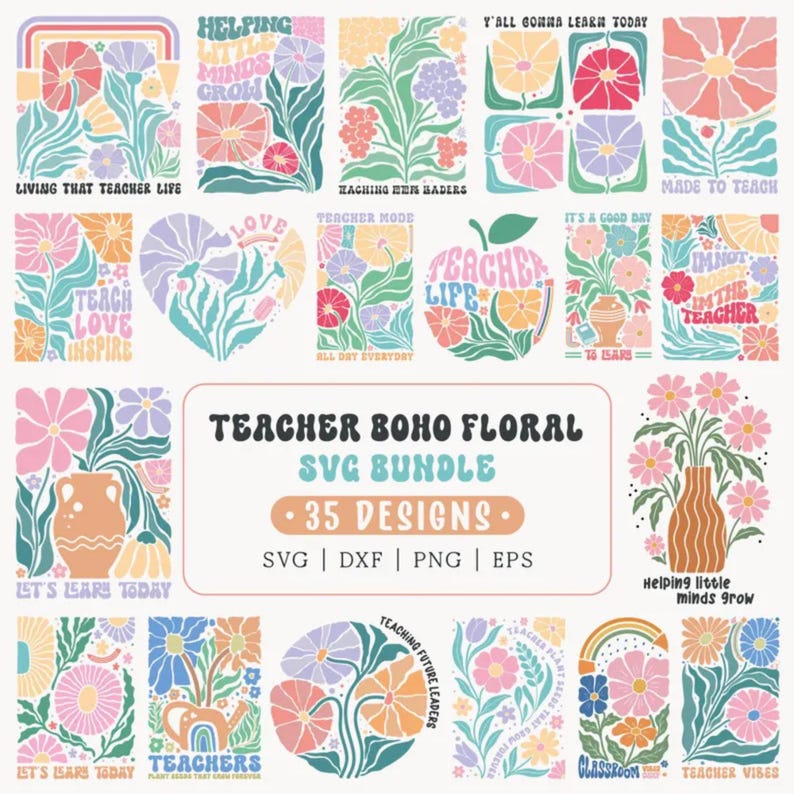 Boho Teacher SVG Bundle, 35 Retro Floral Teacher Life Cut Files, Pencil ...