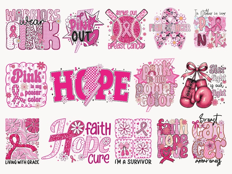 Preppy Breast Cancer PNG Sublimation Bundle: Pink Ribbon Awareness T ...