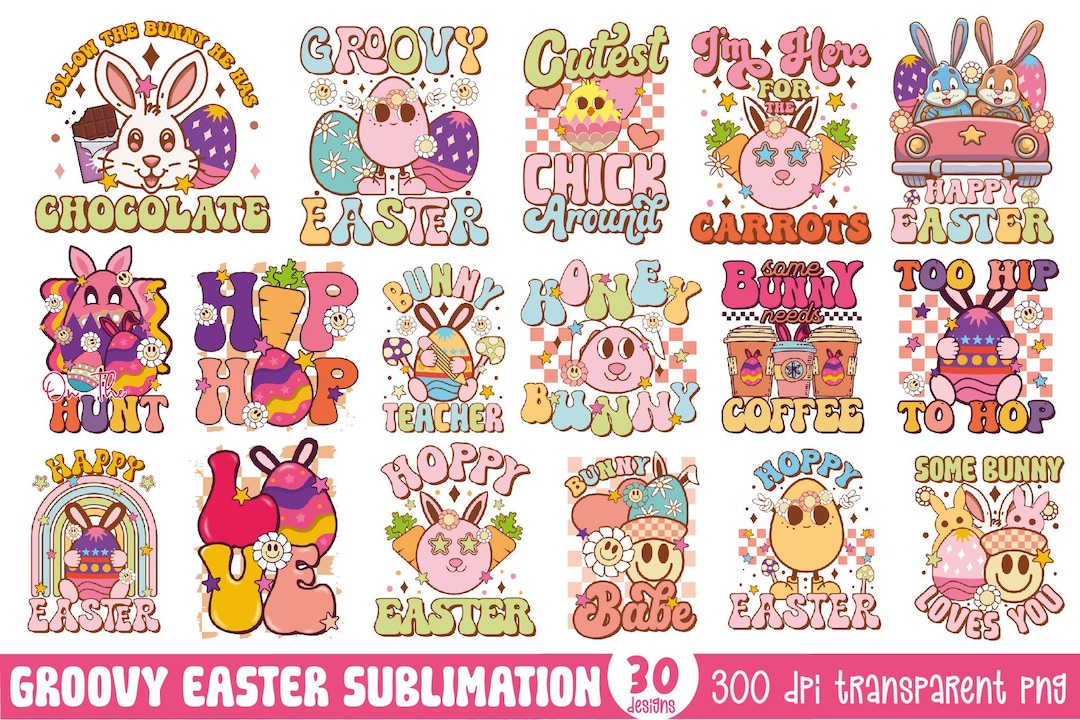 Groovy Easter PNG Bundle: Retro Funny Easter Bunny, Eggs, Chicks ...