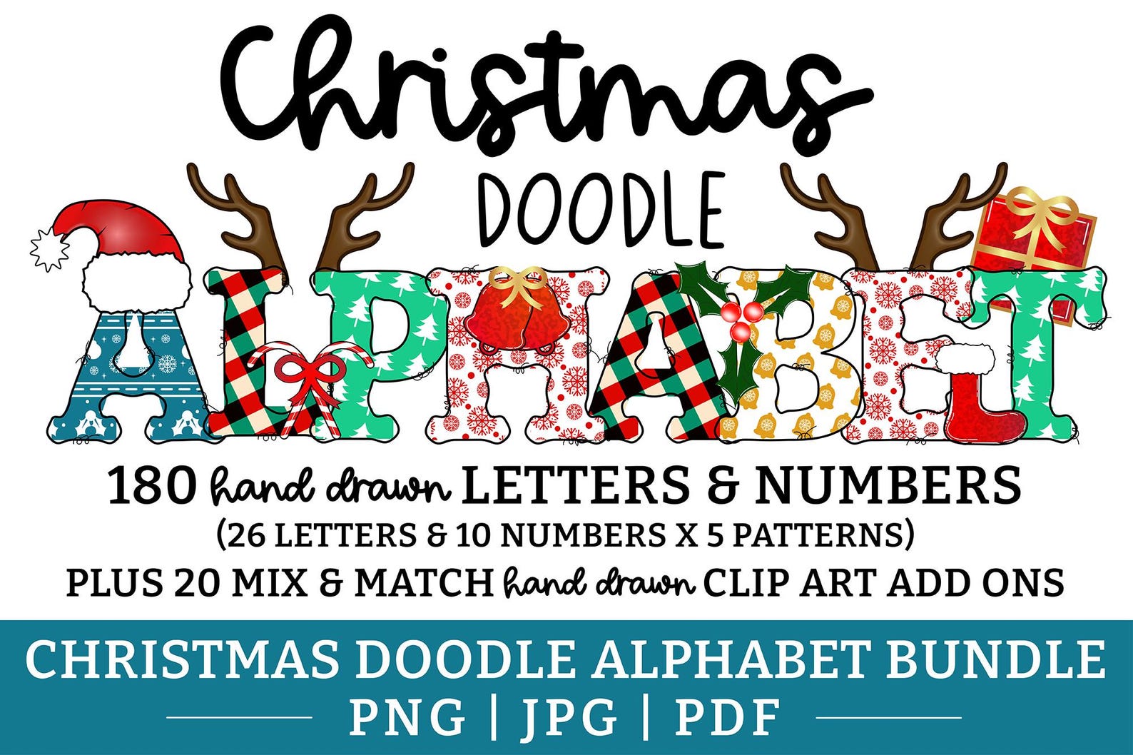 Christmas Doodle Alphabet PNG Bundle: Xmas Letters, Fonts, Clipart ...