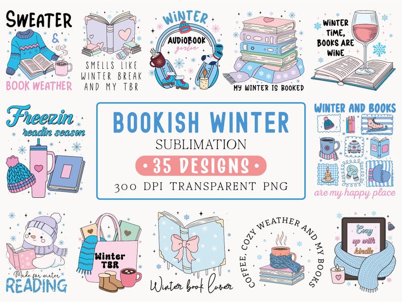 Bookish Winter PNG Bundle: Cozy, Pastel Book Lover Sublimation Designs ...