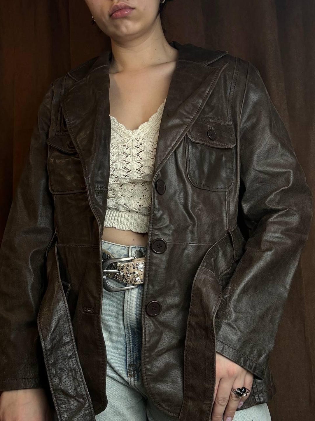 Y2K New Look Inspire Vintage Leather Brown Biker Jacket - Etsy
