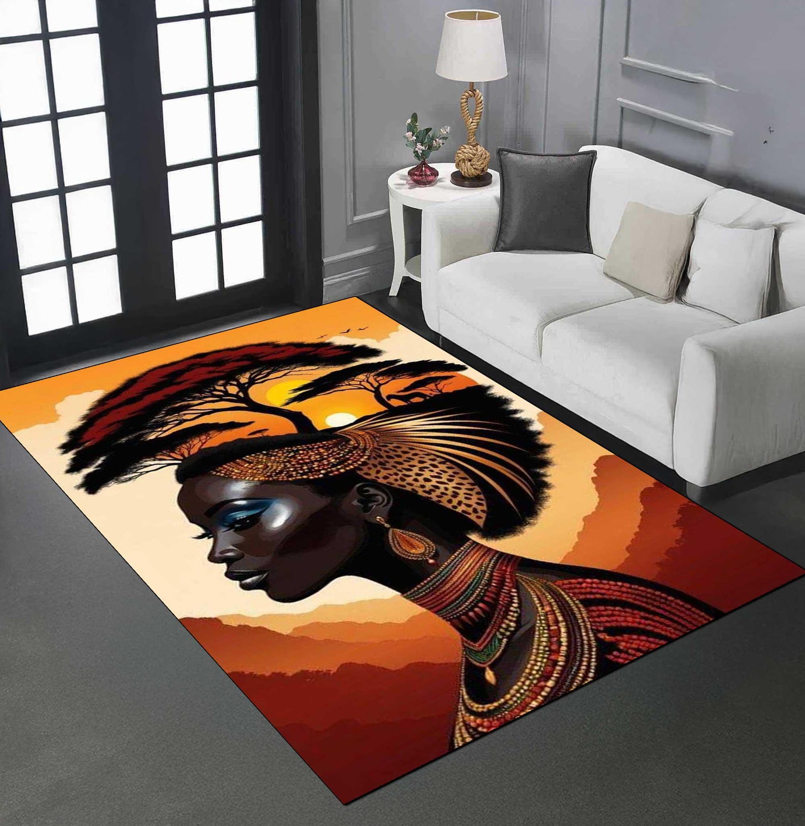 African Woman Art Area Rug, Sunset Boho Decor, Machine Washable - Etsy
