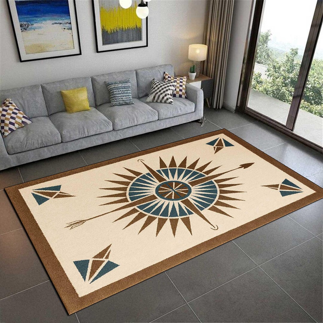 Compass Design Rug,geometric Boho Area Rug,beige and Teal Digital Print ...