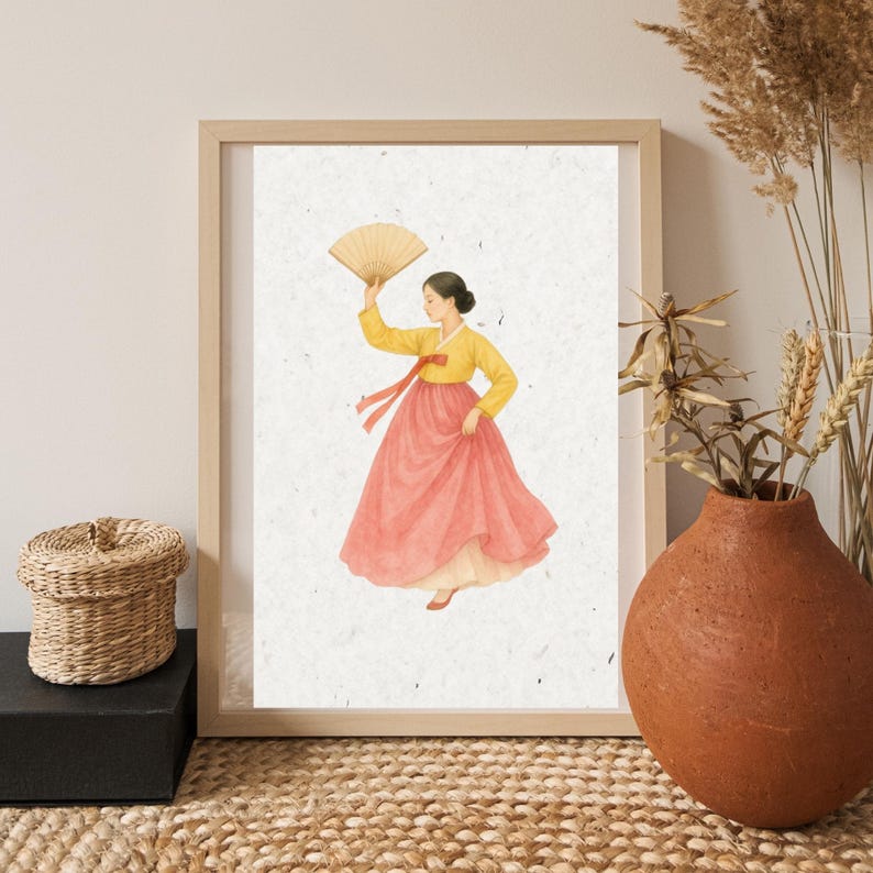 Korean Fan Dance Poster | Hanbok Woman Print | Traditional Korean Wall ...