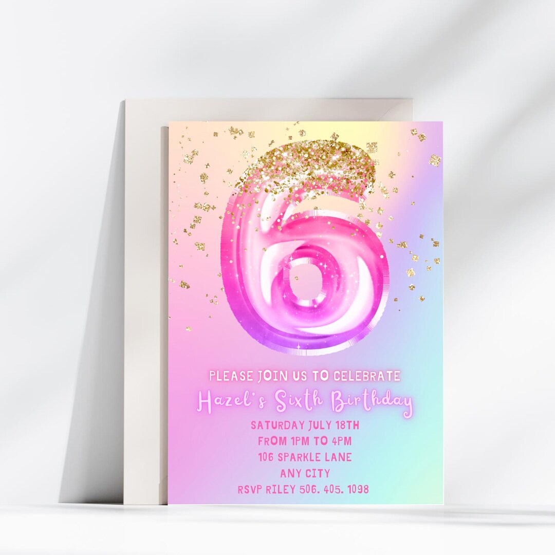 Editable Pink 6th Birthday Invitation, Sixth Birthday, Glitter Rainbow ...