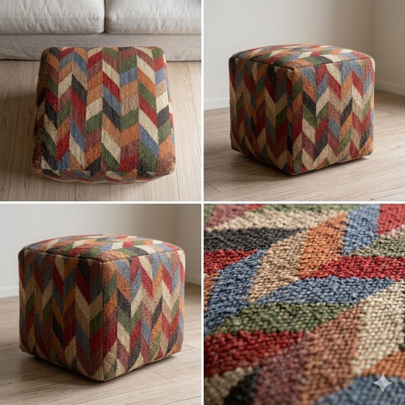 Colorful Boho Pouf Ottoman, Geometric Floor Pouf, Handmade Upholstered ...