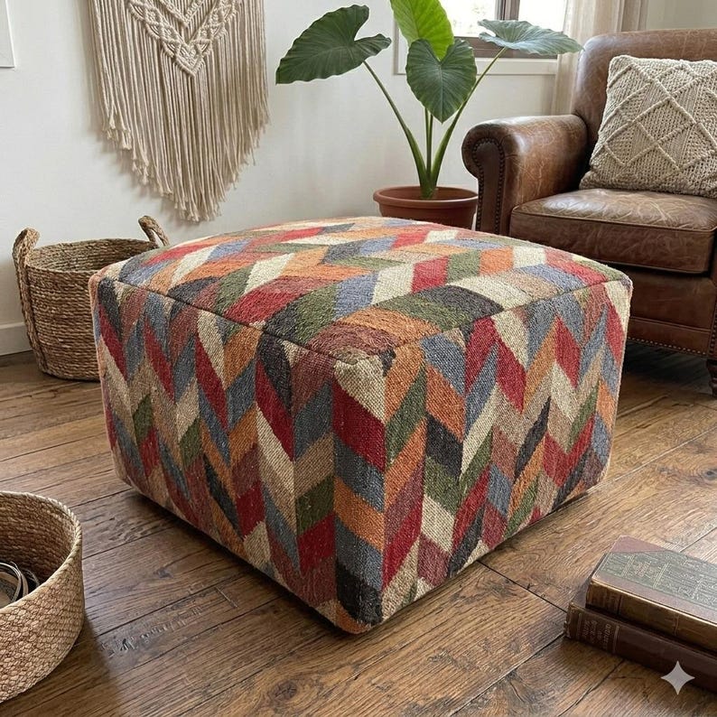 Colorful Boho Pouf Ottoman, Geometric Floor Pouf, Handmade Upholstered ...