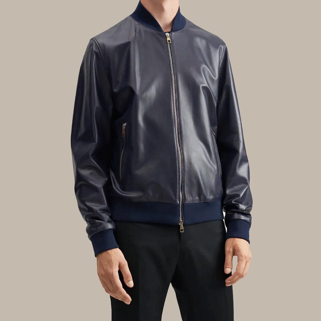 Men’s Blue Leather Bomber Jacket, Handmade Genuine Lambskin Casual ...
