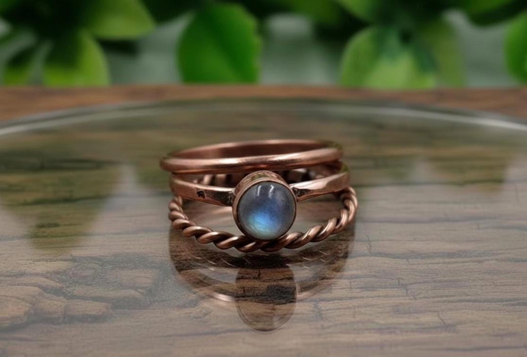 Handmade Moonstone Copper Stacking Ring Set | Boho Vintage Jewelry - Etsy