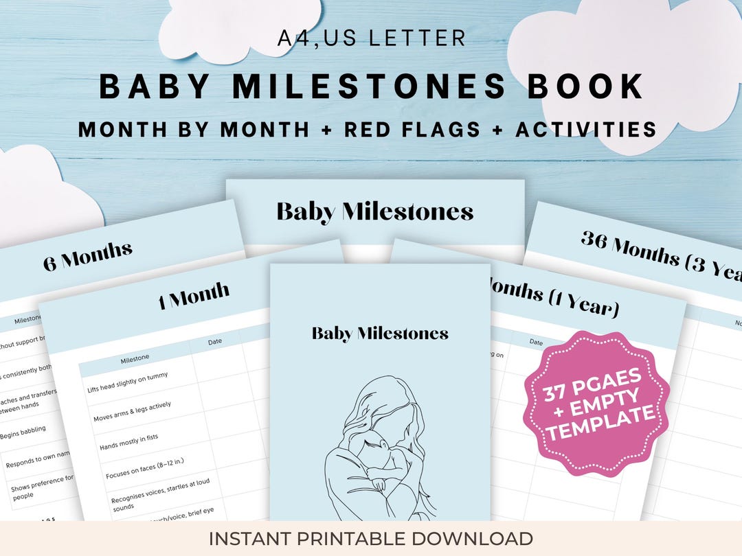 Baby Milestones Tracker Printable | Blue Baby Development Book + Red ...