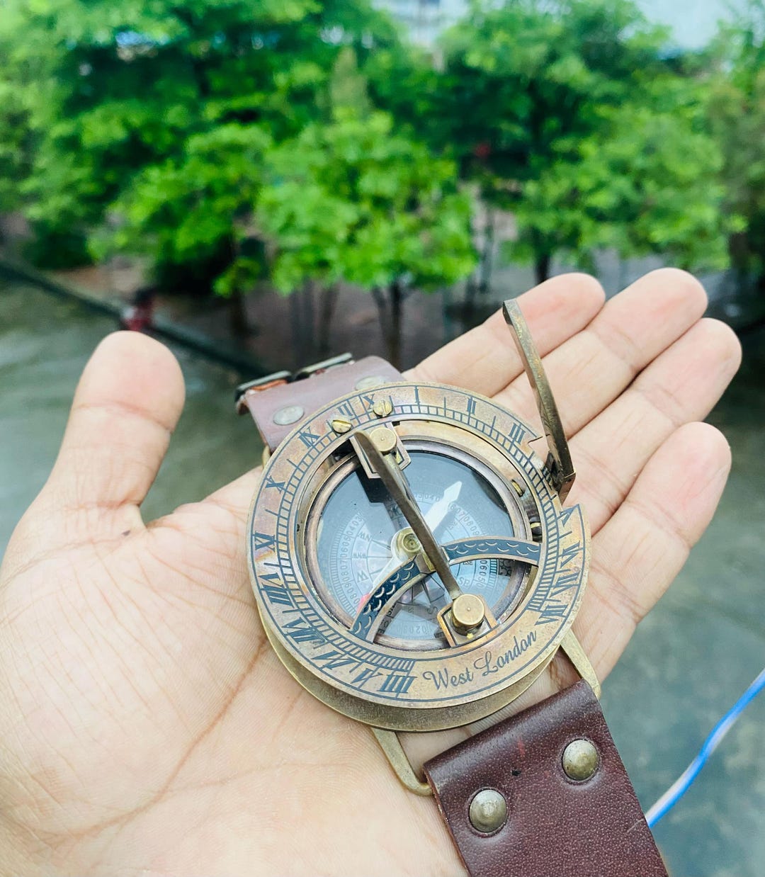 Brass Wrist Sundial Compass / Watch With Leather Stripes Christmas Gift ...