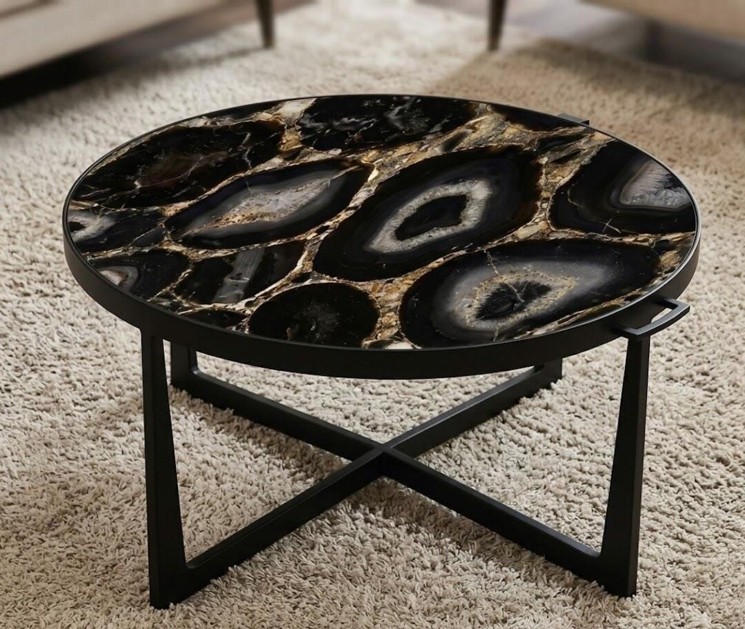 Black Agate Coffee Table, Luxury Stone Coffee Table, Handmade Agate ...