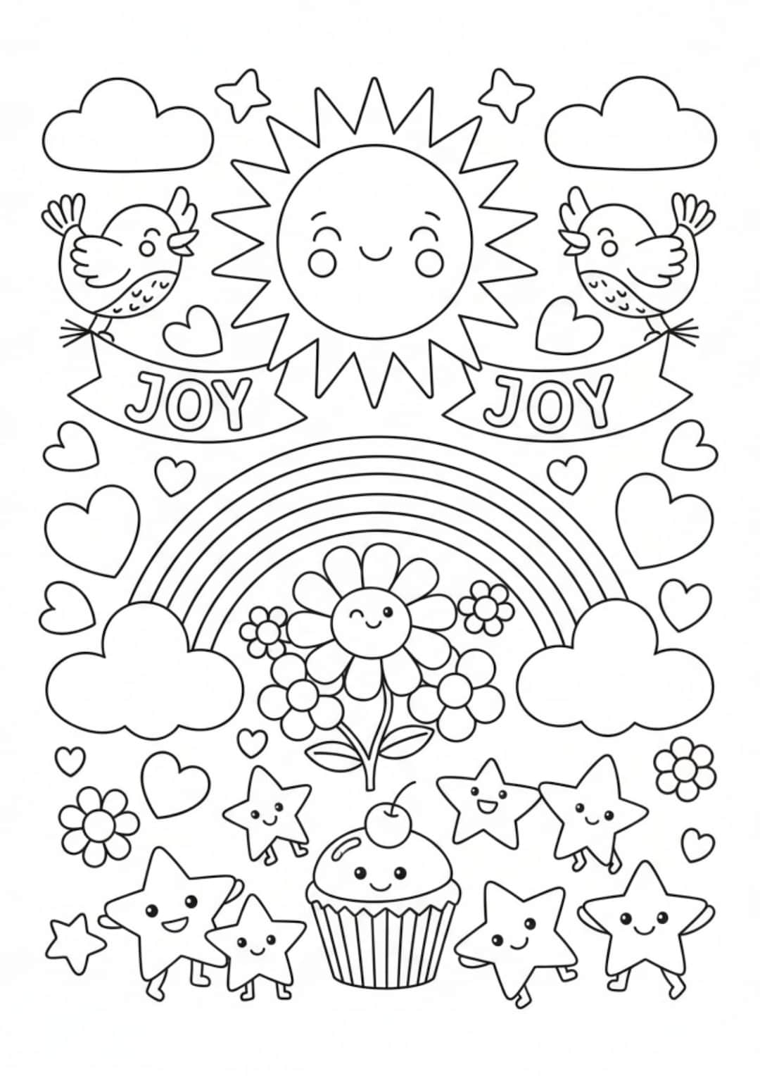 Joyful Coloring Page: Smiling Sun, Rainbow, Stars (digital Download) - Etsy