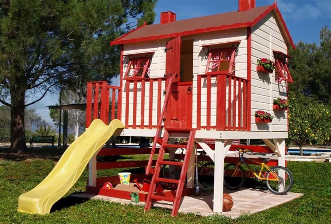 Hand-painted Wooden Kids Playhouse – Outdoor Cottage for Backyard Fun ...