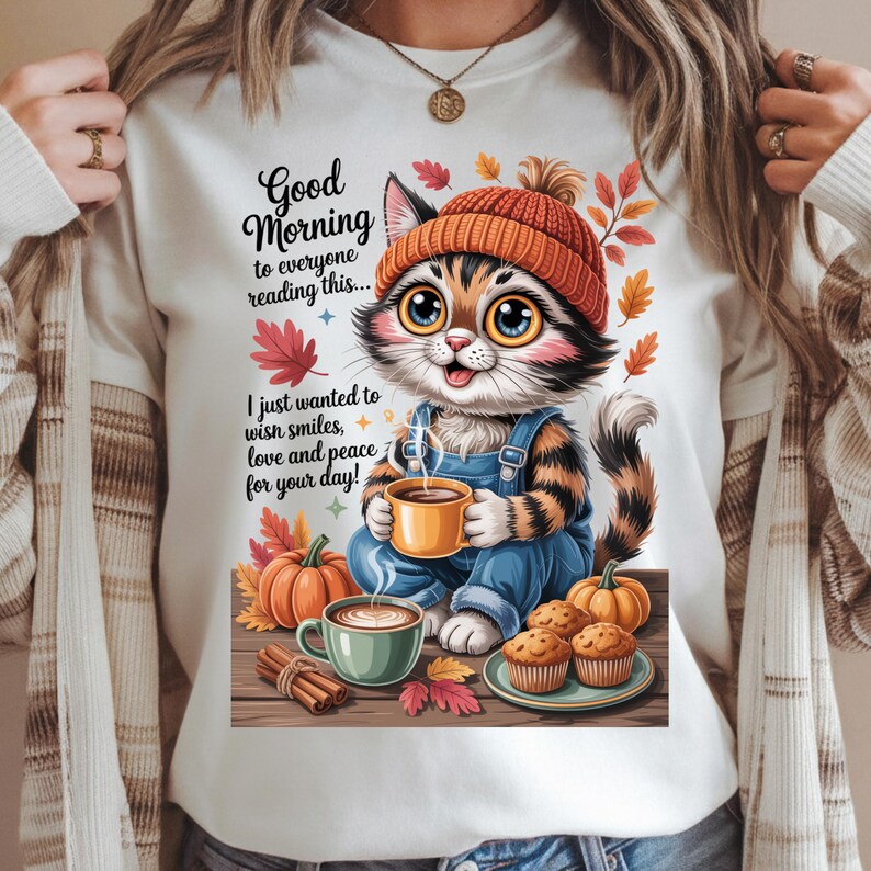 Good Morning Cat PNG | Cute Autumn Coffee Cat Sublimation | Cozy Fall ...