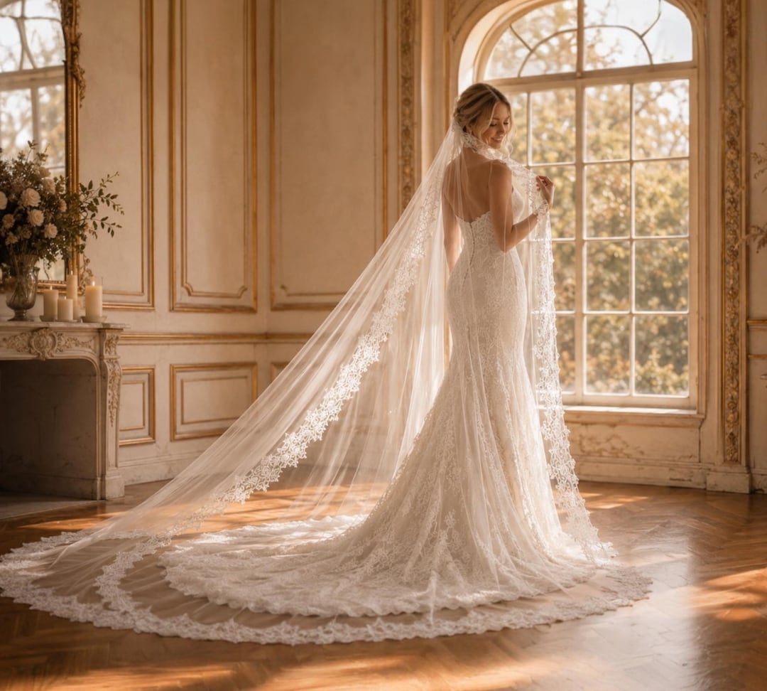 Cathedral Lace Bridal Veil – Long Lace Edge Wedding Veil, Romantic ...