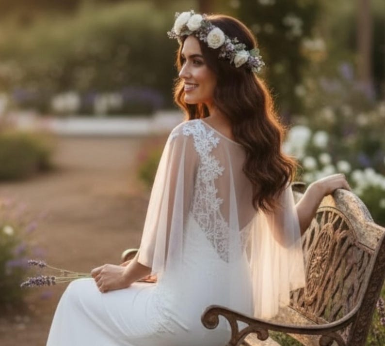 Wedding Dress Overlay – Sheer Tulle Capelet With Floral Lace Shoulders ...