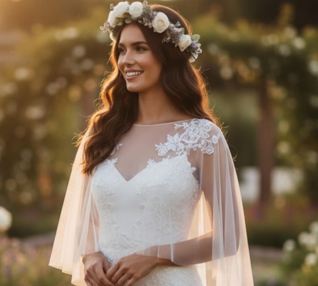 Wedding Dress Overlay – Sheer Tulle Capelet With Floral Lace Shoulders ...