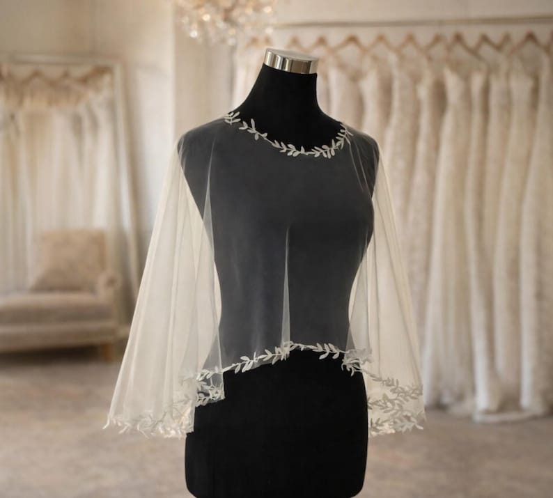 Wedding Dress Overlay – Sheer Tulle Capelet With Floral Lace Shoulders ...