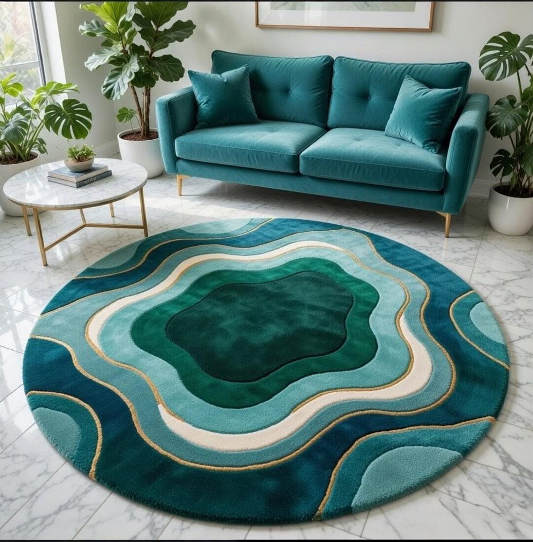 Abstract Green Round Rug Hand Tufted Wool Carpet, Organic Shape Area ...