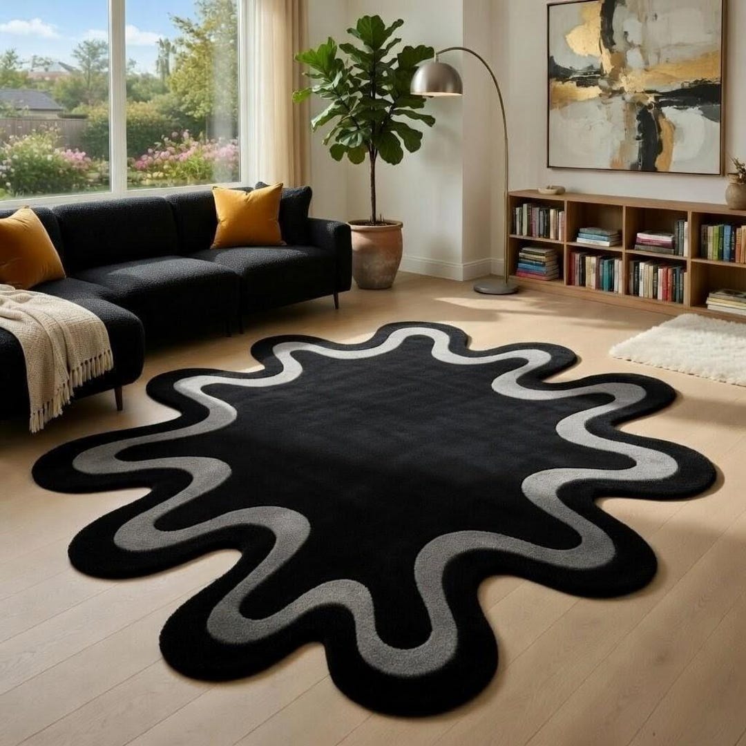 Hand Tufted Black Abstract Irregular Rug, Modern Wave Area Carpet ...