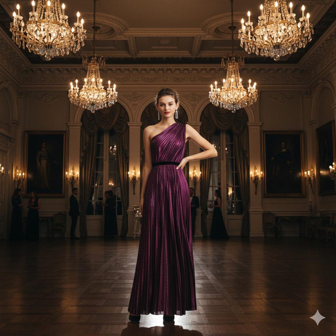 Glamorous One-shoulder Gown | Metallic Pleated Maxi | Formal Gala Wear ...