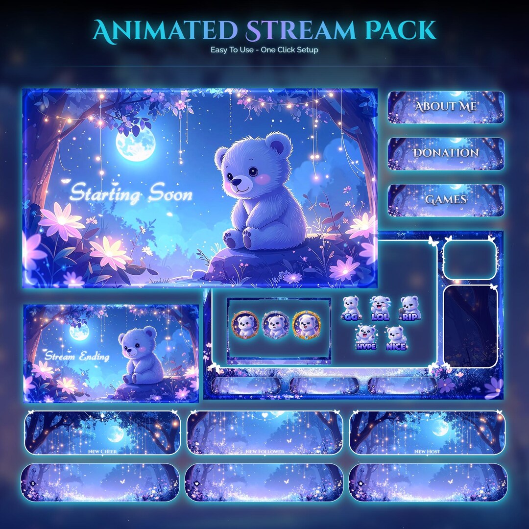 Starry Forest Bear Overlay Animated Stream Package: Twitch Overlay ...