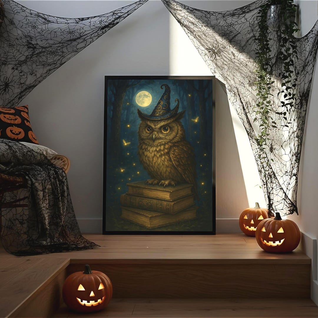 Wizard Owl on Books Fantasy Art Print Dark Academia Decor Magical ...