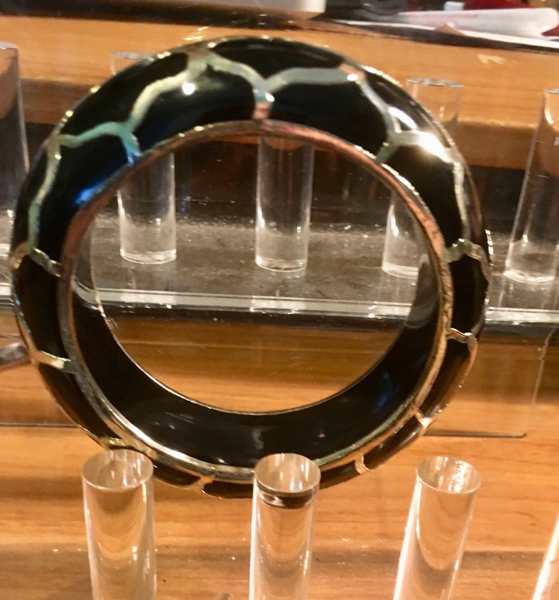 Black Lucite Silver Tone Deco Overlay Bangle Bracelet - Etsy