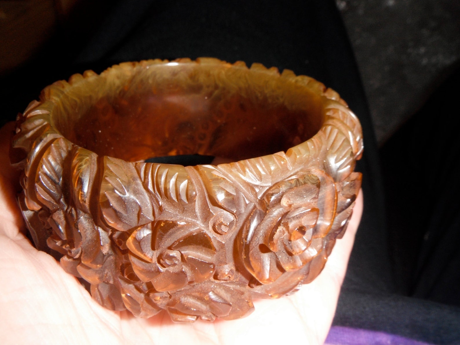 Carved to Death Vintage Bakelite Flower Bangle Bracelet Tea Honey - Etsy