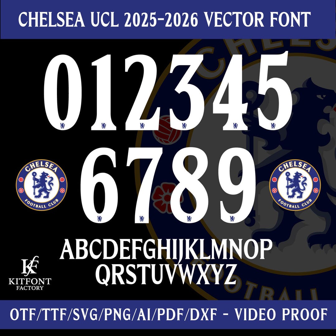 Chelsea UCL 2025-2026 Jersey Font Pack, Soccer Kit Font, Otf, Ttf, Font ...