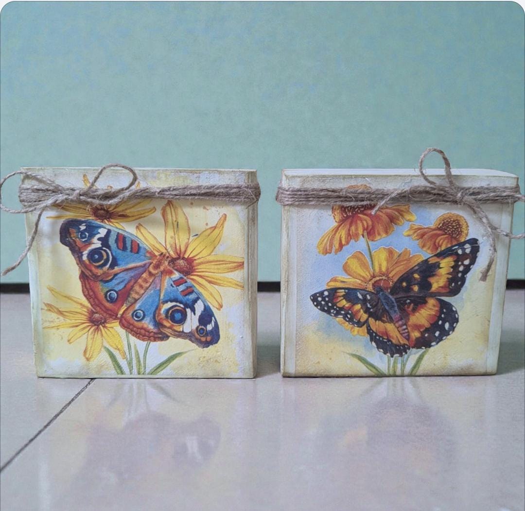 Butterfly Floral Wood Block Décor – Rustic Decoupage Shelf Sitters, Set ...
